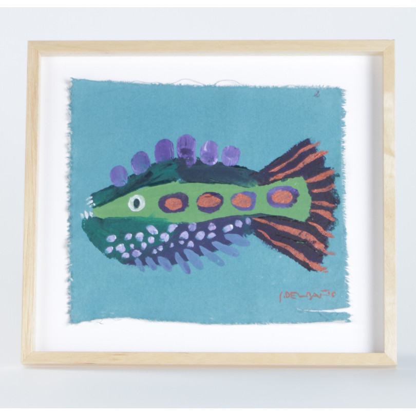 small artwork of colorfull and funny fish. Small framed painting