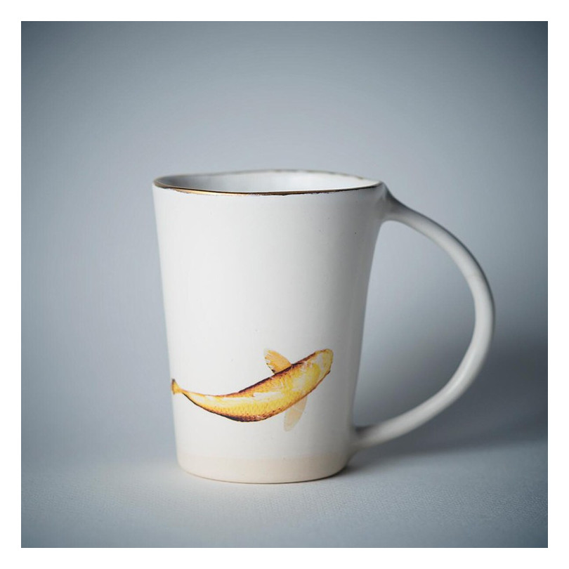 Unic Hand made stoneware mug decorated with Koi fish and gold