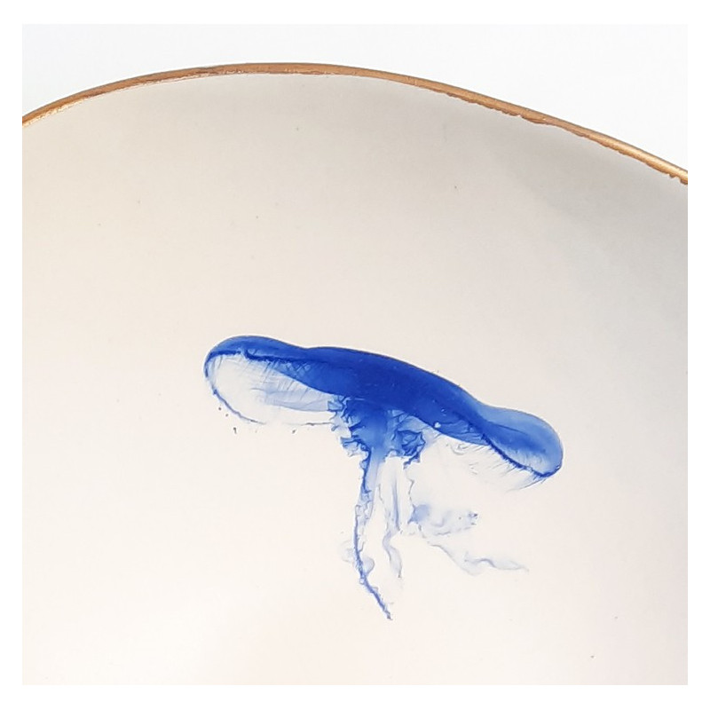 Unique Handmade stoneware large dish decorated with blue jelly fish