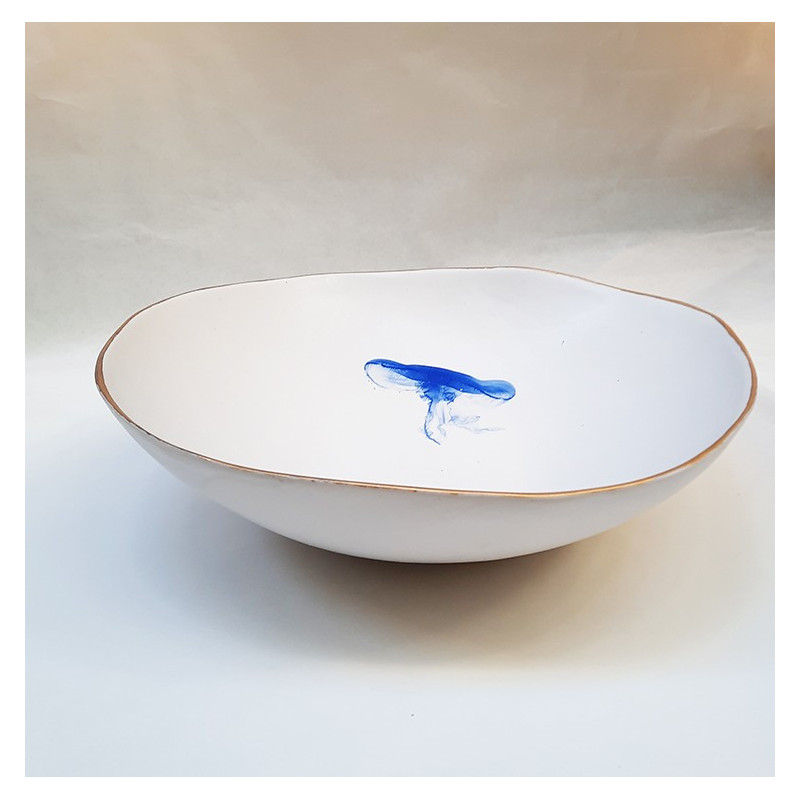 Unique Handmade stoneware large dish decorated with blue jelly fish