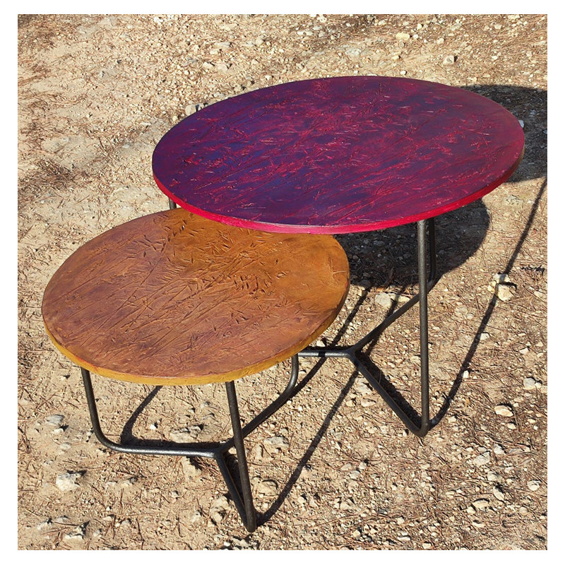 Handmade concrete & metal circular Nested side tables by artist J. Cerdá