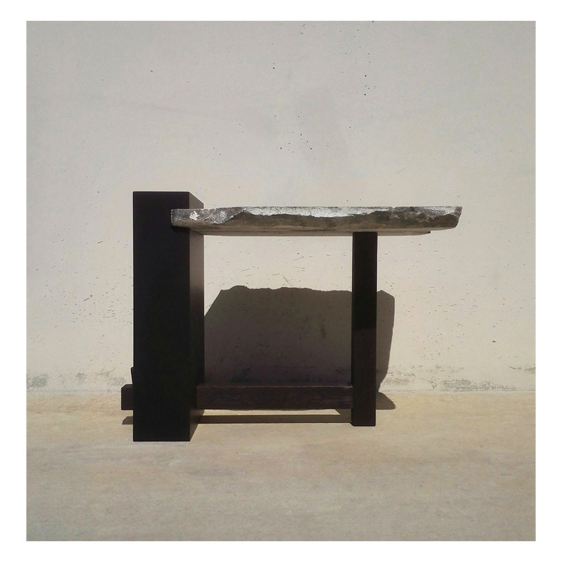 Sculpture Coffee table in stone and burnt oak. One-off piece