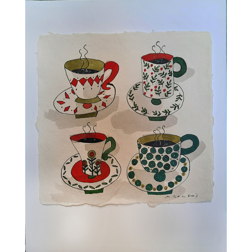 Watercolor painting by Montse Roldos. Drawing of 4 cups on paper
