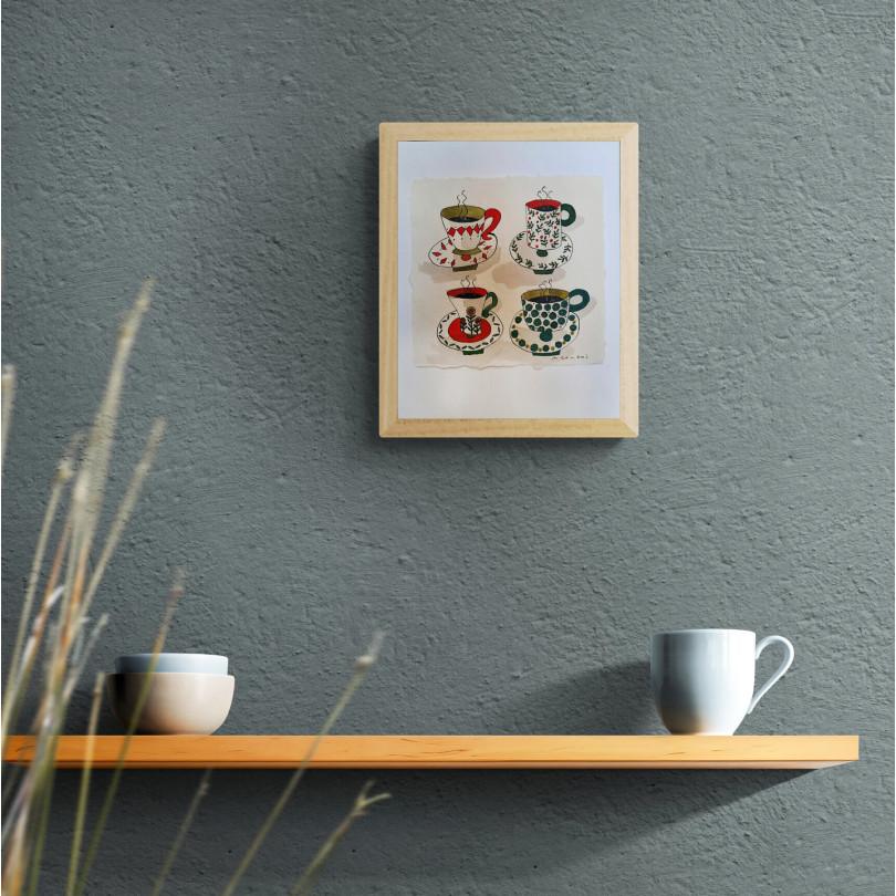 Watercolor painting by Montse Roldos. Drawing of 4 cups on paper