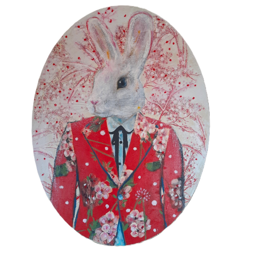 Creative animal portrait painting by K. Fabrizzi. Bunny portrait painting